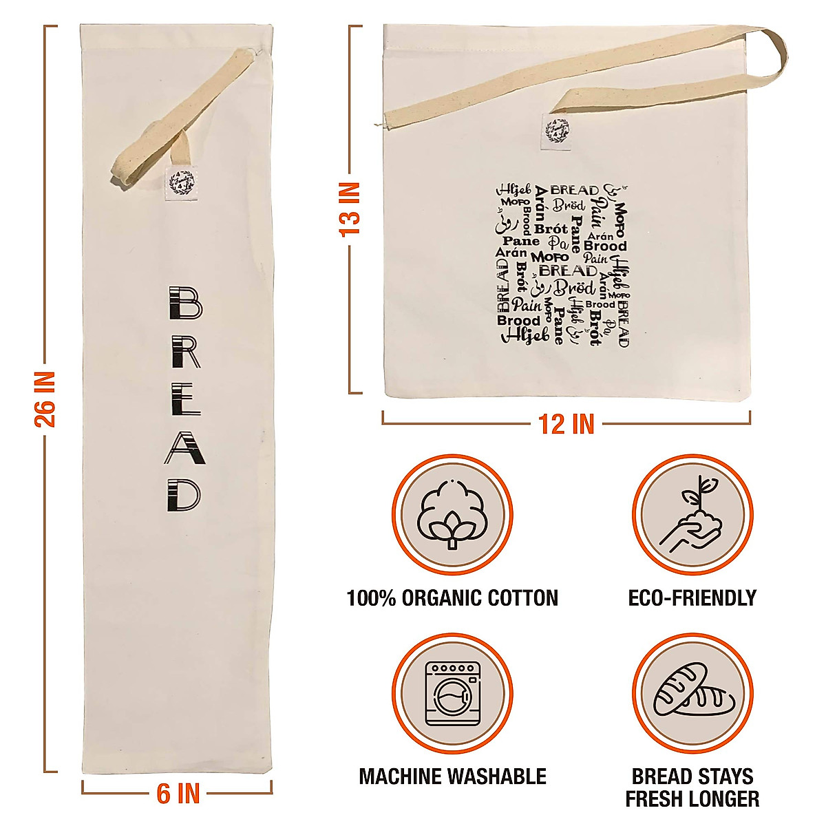 Bread Bags for Homemade Bread, Bread Bags, Bread Bags for Homemade Bread Gift Giving, Bread Keeper, Organic Cotton, Pack of 4 (Baguette and loaf)