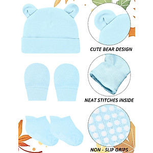 SEAUR Baby Girls Boys 4 Set Teddy Bear Ear Hats Mittens Socks Soft Cotton No Scratch Gloves Non Slip Comfortable Stockings