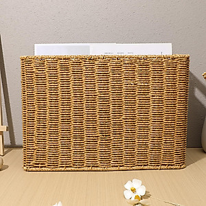 STOBAZA Woven Basket with Handles Magazine Book Storage Basket Bin for Home Office, Handwoven Narrow Basket for Books, Newspaper, File and Mail - 38.00X26.00X15.00CM