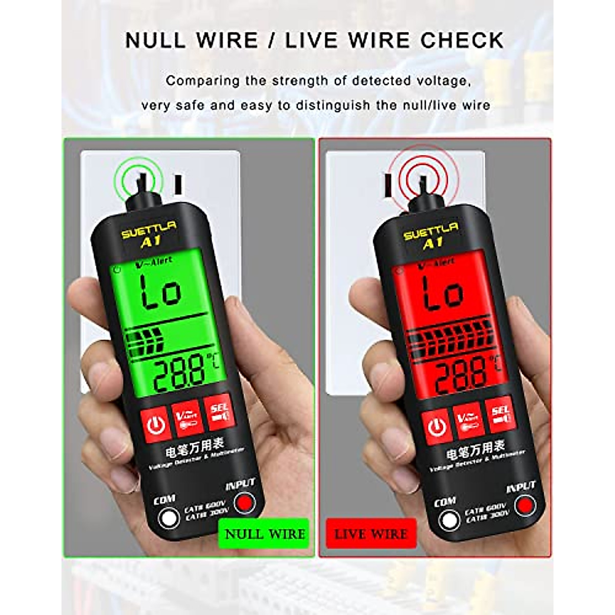 SUETTLA A1 Voltage Tester, Non Contact Voltmeter Digital Smart Multimeter Electric Detector for Measure AC/DC Volt, Liver Wire, Resistance, Continuity