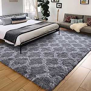 HOMORE 8x10 Large Area Rug for Living Room, Grey and White Bedroom Rug, Modern Big Fluffy Rugs Soft Furry Shaggy Faux Fur Rug for Farmhouse Decor, Aesthetic Rugs for Kids Home Indoor Floor