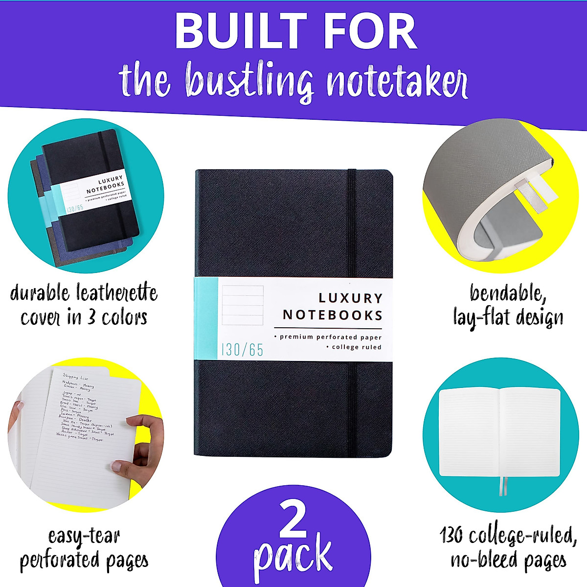 Papercode Luxury Lined Journal Notebooks- Journals For Writing w/ 130 Perforated Pages- Perfect Notebooks for Work, Travel, College- Journal for Men and Women- Soft Cover (2 Pack, Blue)