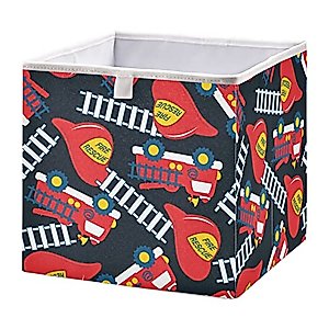 Fire Rescue Red Helmet Truck Storage Baskets for Shelves Foldable Collapsible Storage Box Bins with Fabric Bins Cube Toys Organizers for Pantry Organizing Shelf Nursery Home Closet,16 x 11inch