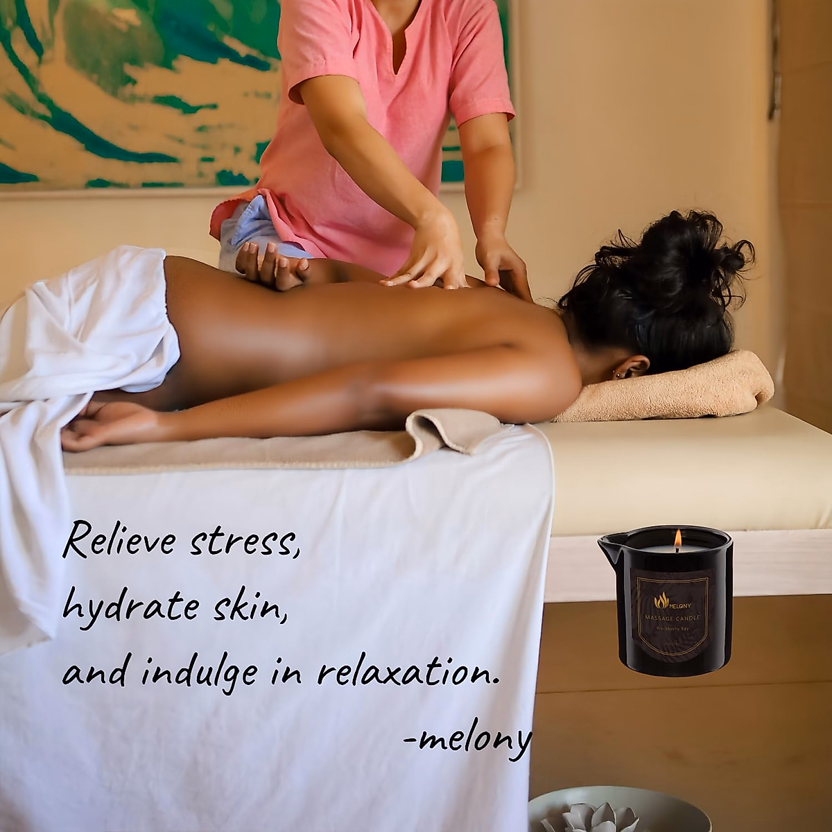 MELONY Massage Oil Candle for Pure Relaxation- 8.1 oz- Moisturizing Essential Oil Body Massage Candle for Home Spa- Amazing Gift for Women & Men (BlackBerry & Bay)