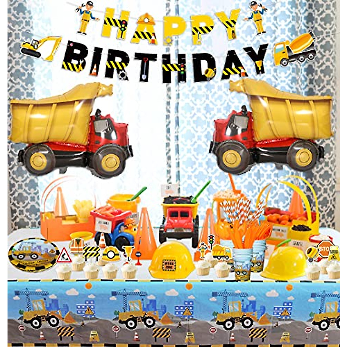 Construction Truck Party Supplies Tableware Set - Dump Truck Banner, Tablecover, Plate, Cups, Napkins, Balloons, Cake Toppers, Foil Balloon, for Party Decorations Kids Birthday Serves 20 Guests