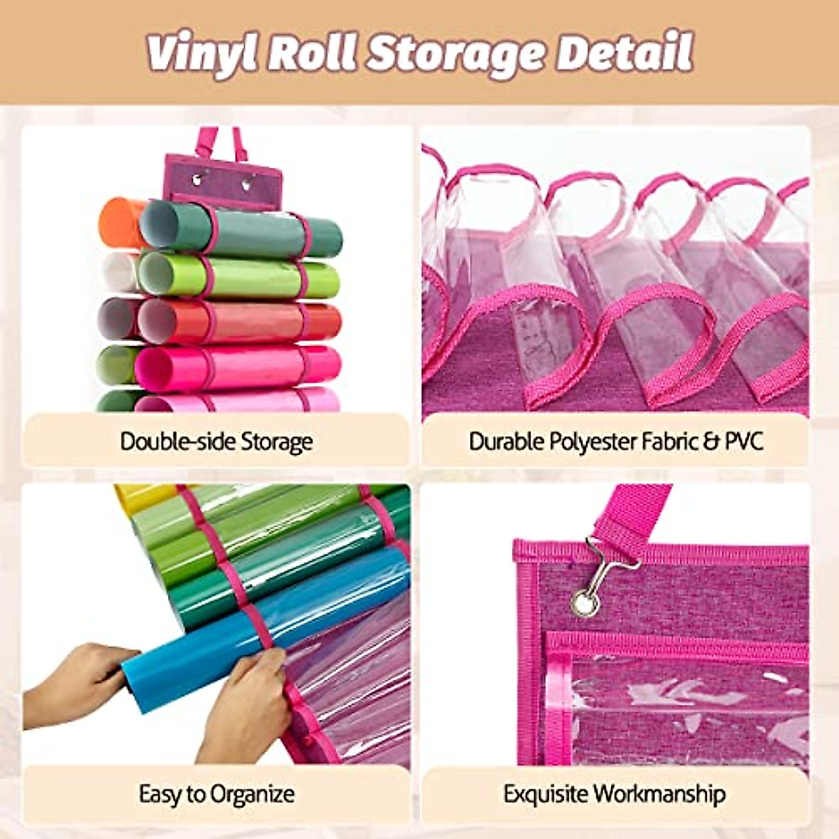 TDIFFUN Vinyl Organizer Storage with 48 Compartments, Hanging Vinyl Roll Holder Rack Wall Mount/Over The Door, Vinyl Carrying Holder Bag Gift Wrap Organizer for Craft (Pink)