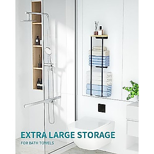 Towel Racks for Bathroom, 2 Tier Wall Towel Holder with Wood Shelf, Metal Wall Towel Rack Mounted Towel Storage for Small Bathroom （Black