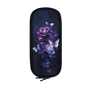 TSOVTHRID Purple Rose Flowers Butterflies Pencil Case Box, Big Capacity Pen Pouch Pencil Holder for Preschool Kindergarten Elementary Middle School Student