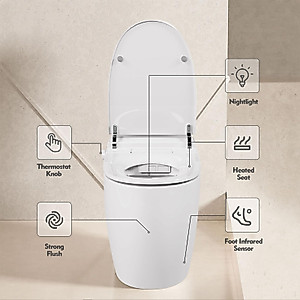 Heated Seat Smart Toilet, One Piece Tankless Automatic Flush Toilet with Foot Sensor, White Night Light, Knob Control, Power Outage Flush, Soft Close Lid, White