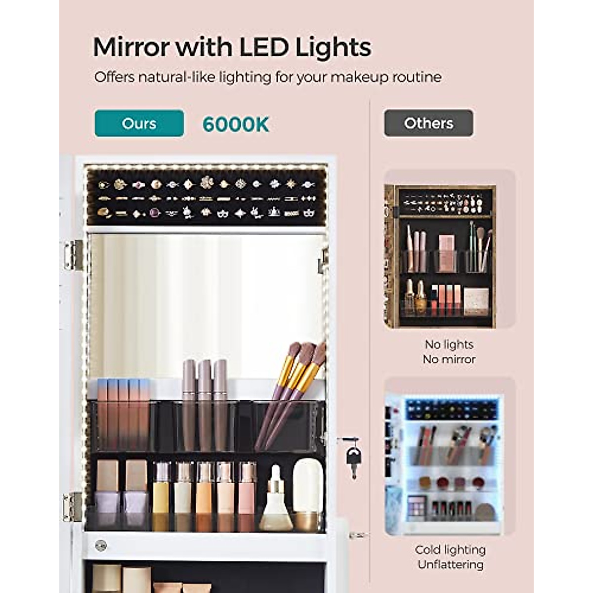 SONGMICS Mirror Jewelry Cabinet Standing Armoire Organizer, Jewelry Storage with Full-Length Frameless LED Lights, Built-in Makeup Mirror, 2 Drawers, Lockable, White UJJC023W01