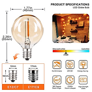 Sphoon Pack of 25 G40 Amber Glass Led Replacement Bulbs, 1W Equivalent 10W E12 Screw Base Soft Warm 2200K Globe Light Bulb for Indoor & Outdoor Led String Light Party Patio Garden Decor, CRI 90+