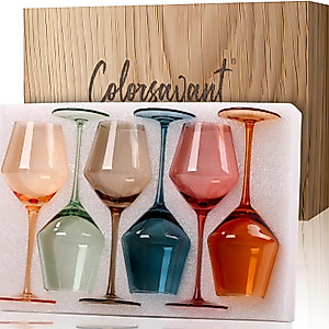 Colorsavant Colored Wine Glasses Set 6-16oz Multicolor Wine Glasses with Stem【HandBlown】 Colorful Wine Glasses Set,Unique Holiday Wine Glasses Gifts for Women Christmas Thanksgiving