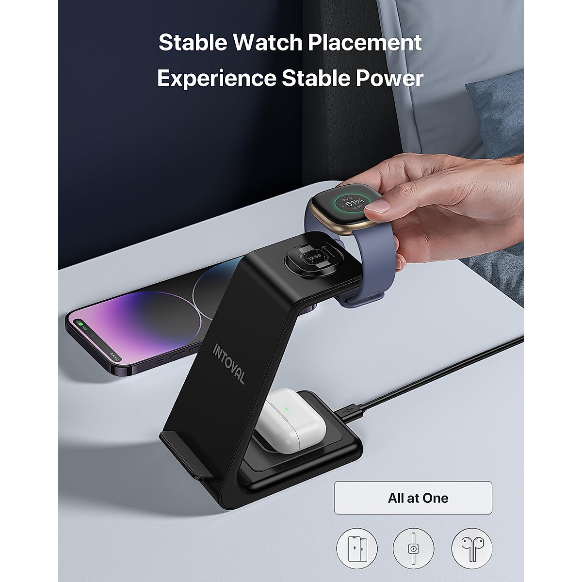 Intoval Wireless Charger for Fitbit Sense 2/Sense/Versa 4/Versa 3, 3 in 1 Wireless Charging Station for iPhones, Androids, Airpods (V3, Black)