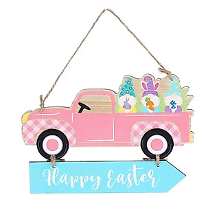 Kylo's Korner 2 Pack Happy Easter Hanging Wooden Signs Egg Hunt Decorations Ornament Wall Plaque Party Door Hanger Bunny Truck Pink and Blue, 18CM Length 12CM Height