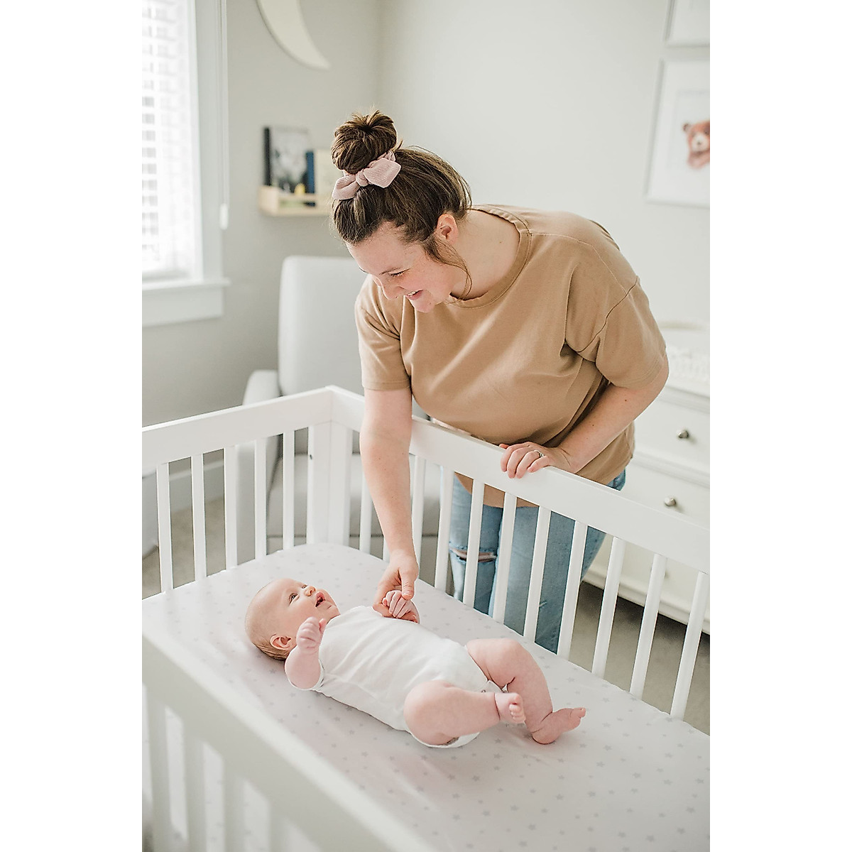 CutieCozy Satin Fitted Crib Sheet (2 Pack) Premium Oeko-TEX Certified Satin Crib Sheet Set, Prevents Bald Spots Like Silk Crib Sheets for Baby Hair (White with Light Gray Hearts & Stars)