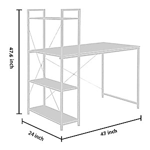 Coral Flower Tower Computer Desk with 4 Tier Shelves - 47'' Multi Level Writing Study Table with Bookshelves Modern Steel Frame Wood Desk Compact Home Office Workstation ，Light Walnut