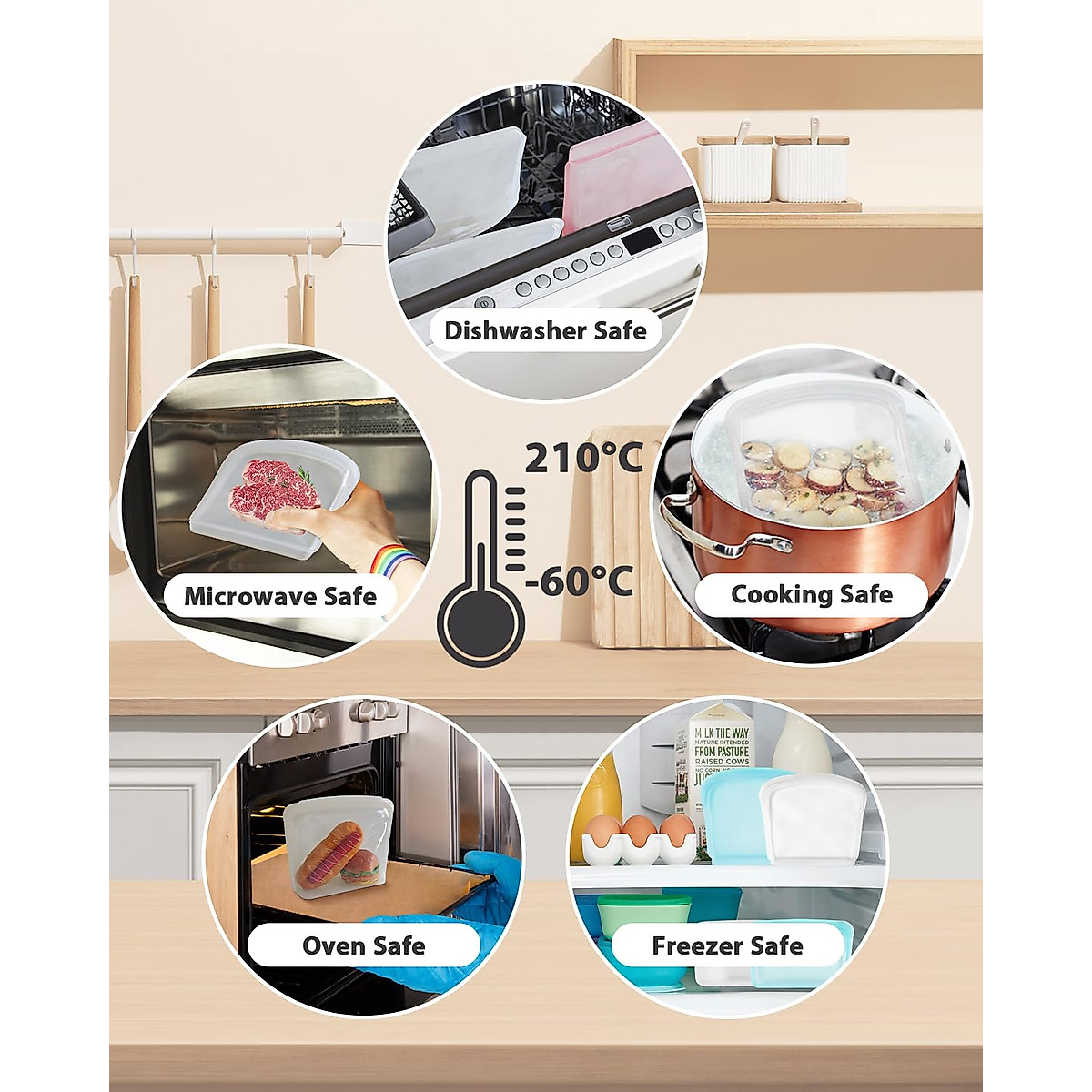 DGitaor Reusable Silicone Storage Bag, 6Pack Silicone Pocket, Snack, and Sandwich Bag, Endurables Silicone Ziplock Bags for Food Storage, Freezer, Microwave, Oven, Dishwasher Safe