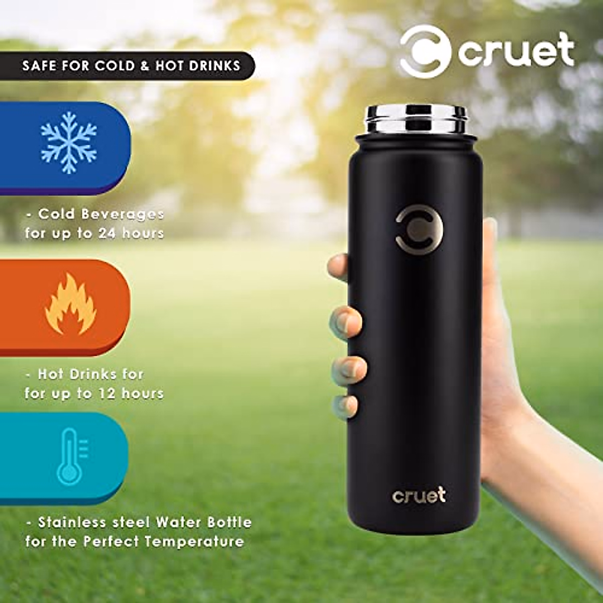 Insulated Water Bottle With 2 Lids By Cruet- Stainless Steel Double-Walled Leakproof Thermos With Straw Lid For Cold Drinks, Flip Lid For Hot Beverages, Vacuum Insulated, Reusable Modern Bottle- 24oz