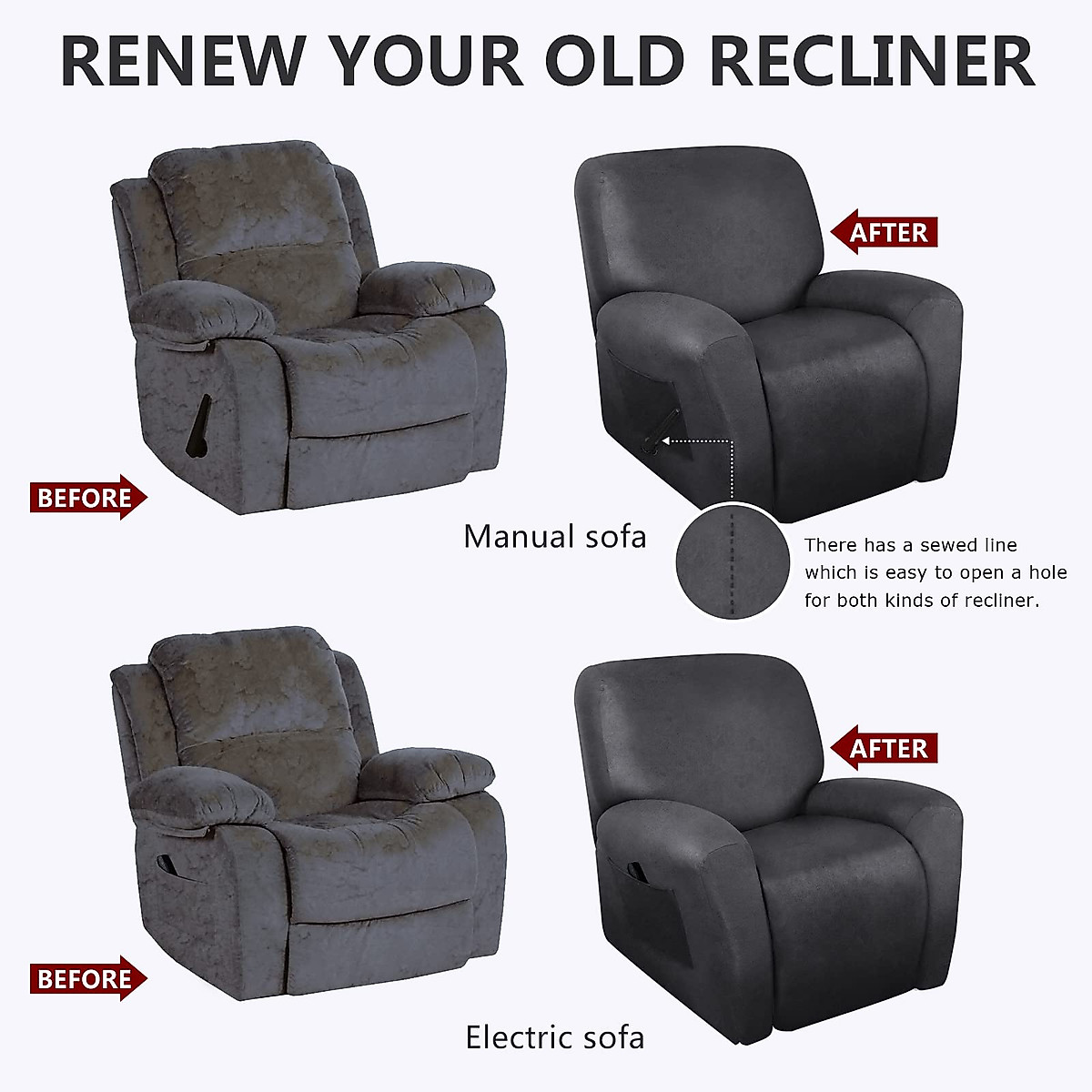 molasofa Recliner Chair Covers - 4 Pieces Leather Like Large Recliner Covers with Pocket Soft Stretch Recliner Slipcover for Lazy Boy Recliner Chair Washable Furniture Protector (Dark Grey)