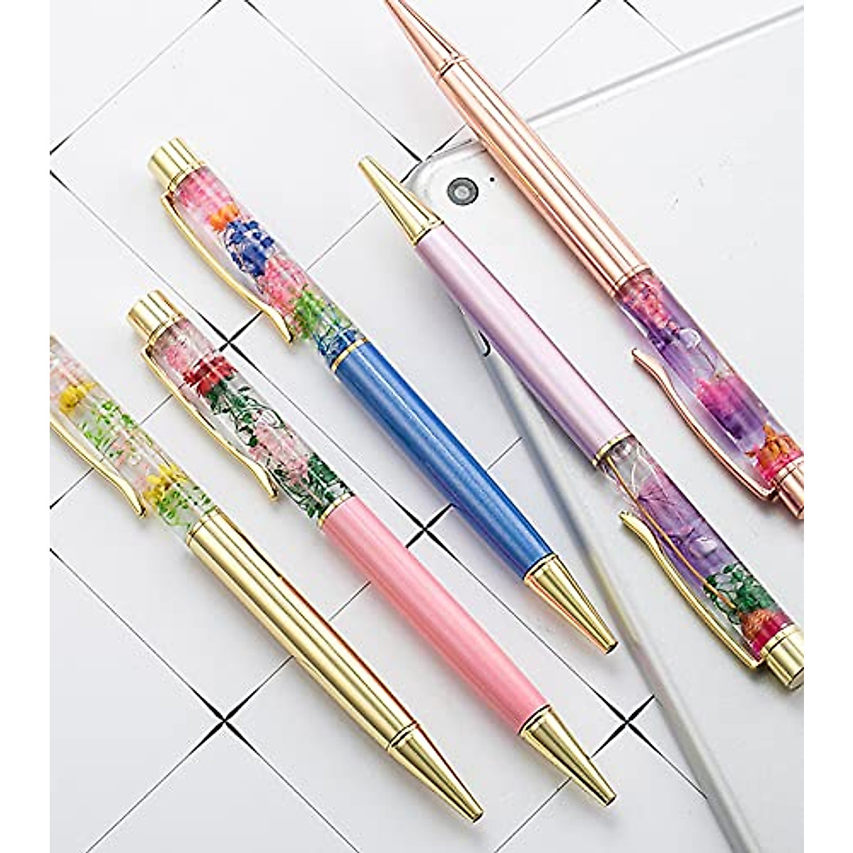 Gullor 5 Pieces Liquid Floral Ballpoint Pens for Gift, Fancy Metal Unique Flower Set for Desk Accessories, Rose gold