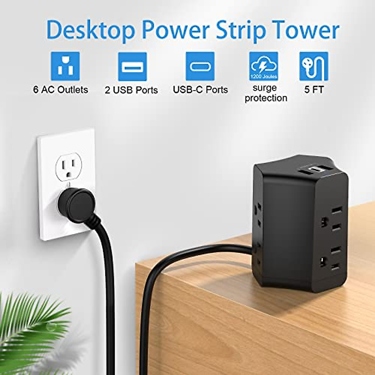 Power Strip Tower, Flat Extension Cord with 6 AC Outlets and 3 Extra Charging Ports, Surge Protector Power Strip Tower 5 FT, Flat Plug Power Strip 1250W, USB Charging Station for Home,Office,Dorm