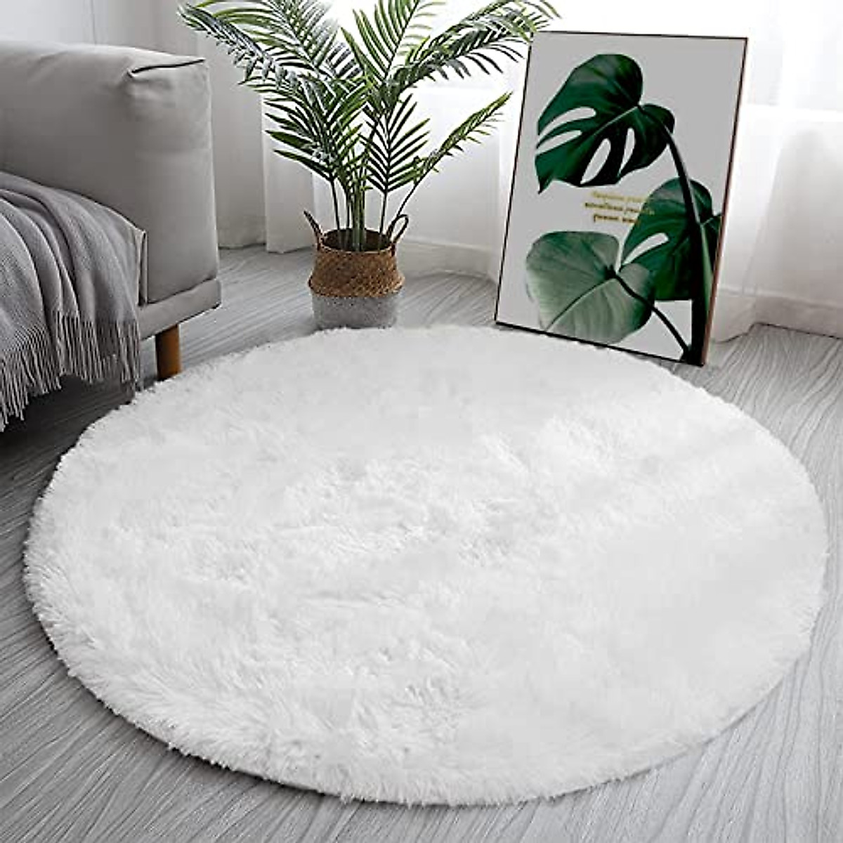 GumoHK 4x4 Soft White Round Rug for Bedroom Modern Fluffy Circle Carpet for Kids Girls Baby Room Shag Rug Indoor Shaggy Plush Circular Nursery Rugs Cute Cozy Area Rugs for Living Room