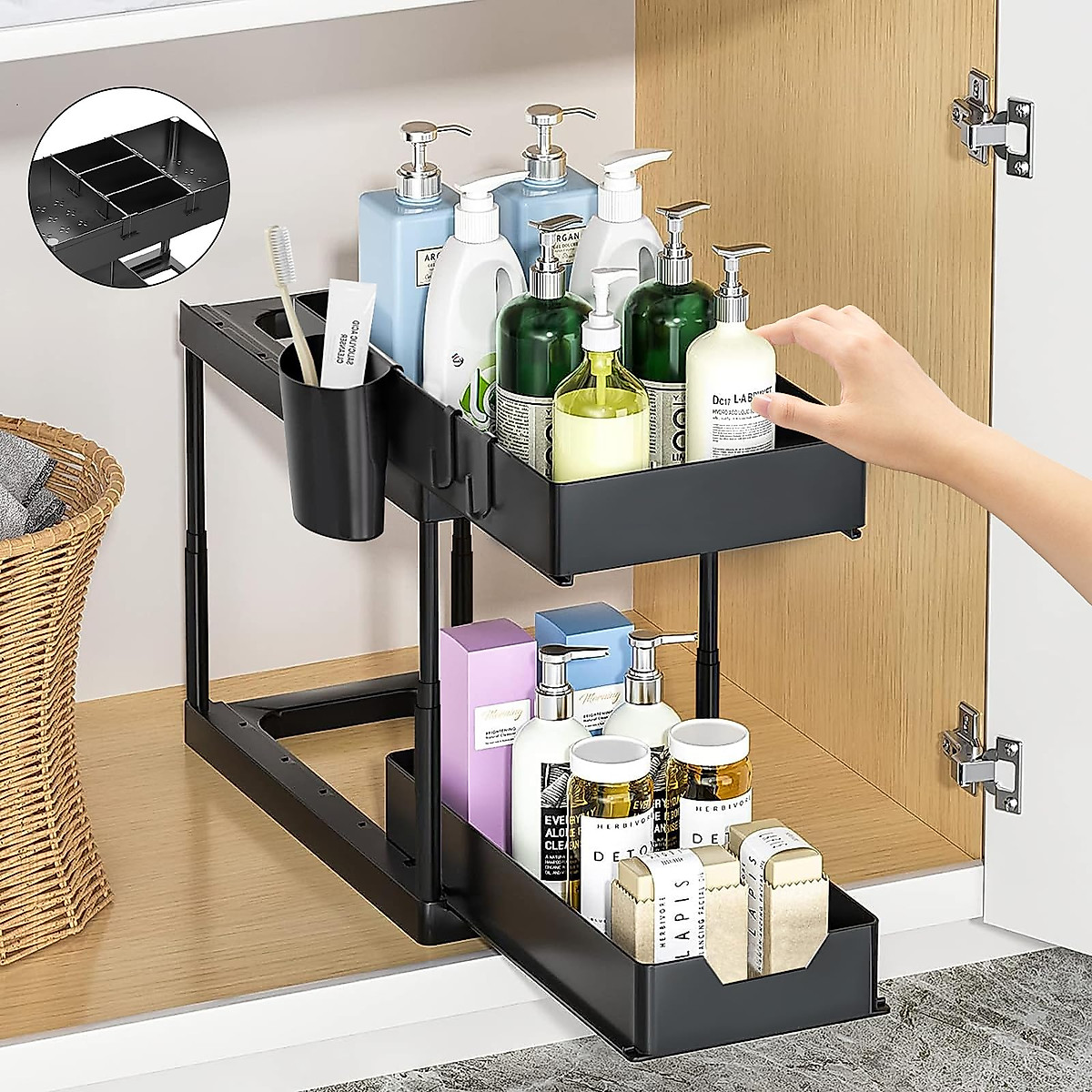 YIYUE Under Sink Storage, Adjustable Height Bathroom Kitchen Pull Out under Sink Organizer and Storage, 2 Tie Non - slip Sturdy Double Sliding Drawers Black