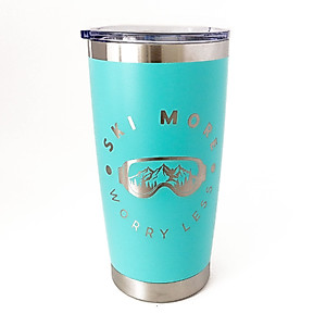 Ski More Worry Less 20oz Coffee Tumbler (Teal), Skiing Gifts for Women, To Go Travel Coffee Mug, Snow Ski Accessories Fun