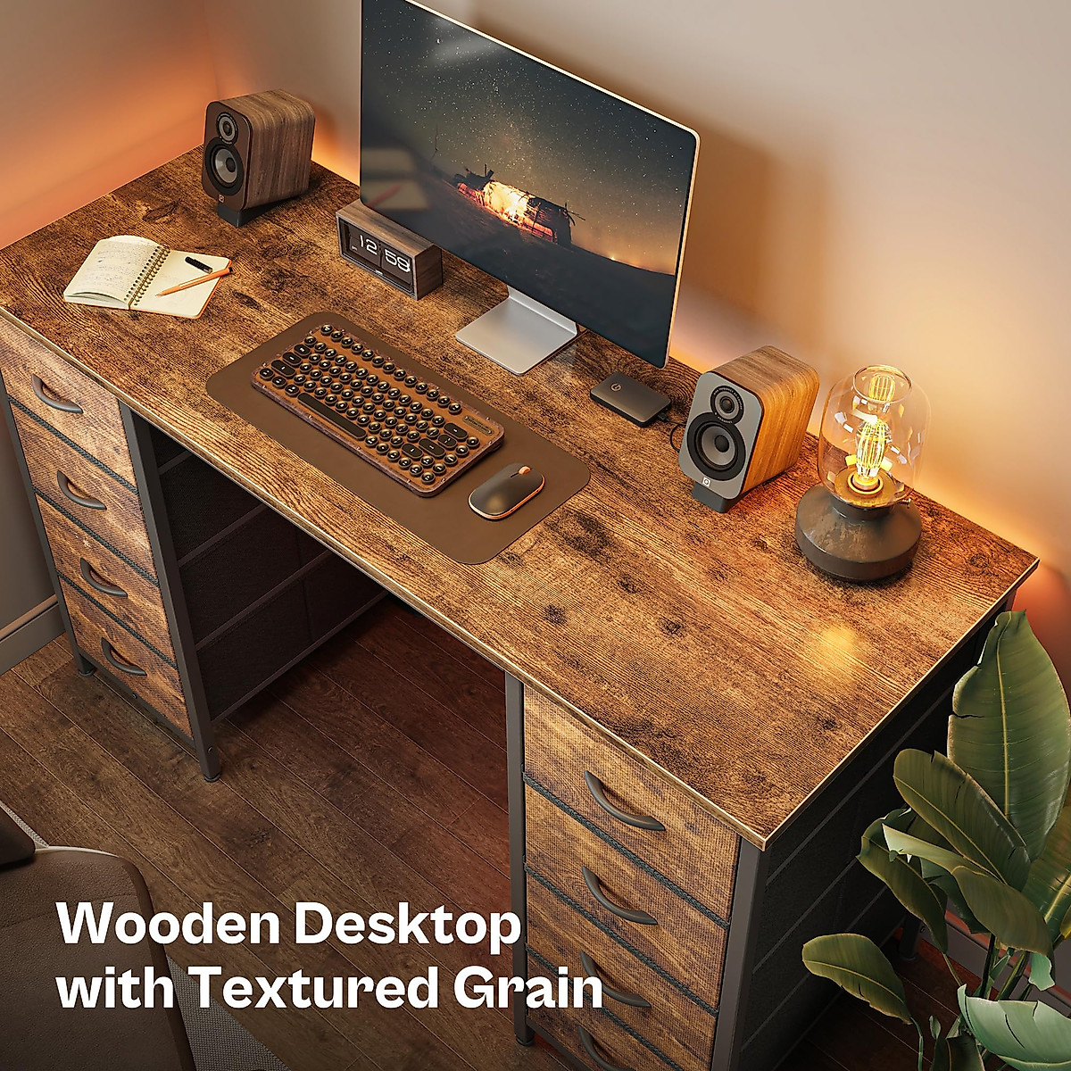 Huuger 47 Inch Computer Desk with 8 Drawers, Office Desk Work Desk for Home Office, Study, Gaming Desk with Fabric Drawers, Large Storage, Rustic Brown