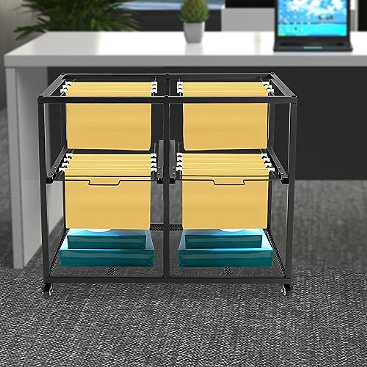 2 Tiers 4 Compartments Rolling File Carts with Wheels, Heavy Duty Rolling Pull-Out File Folder Rack Drawer File Cabinet for Home Office, Hanging Files for Letter Size