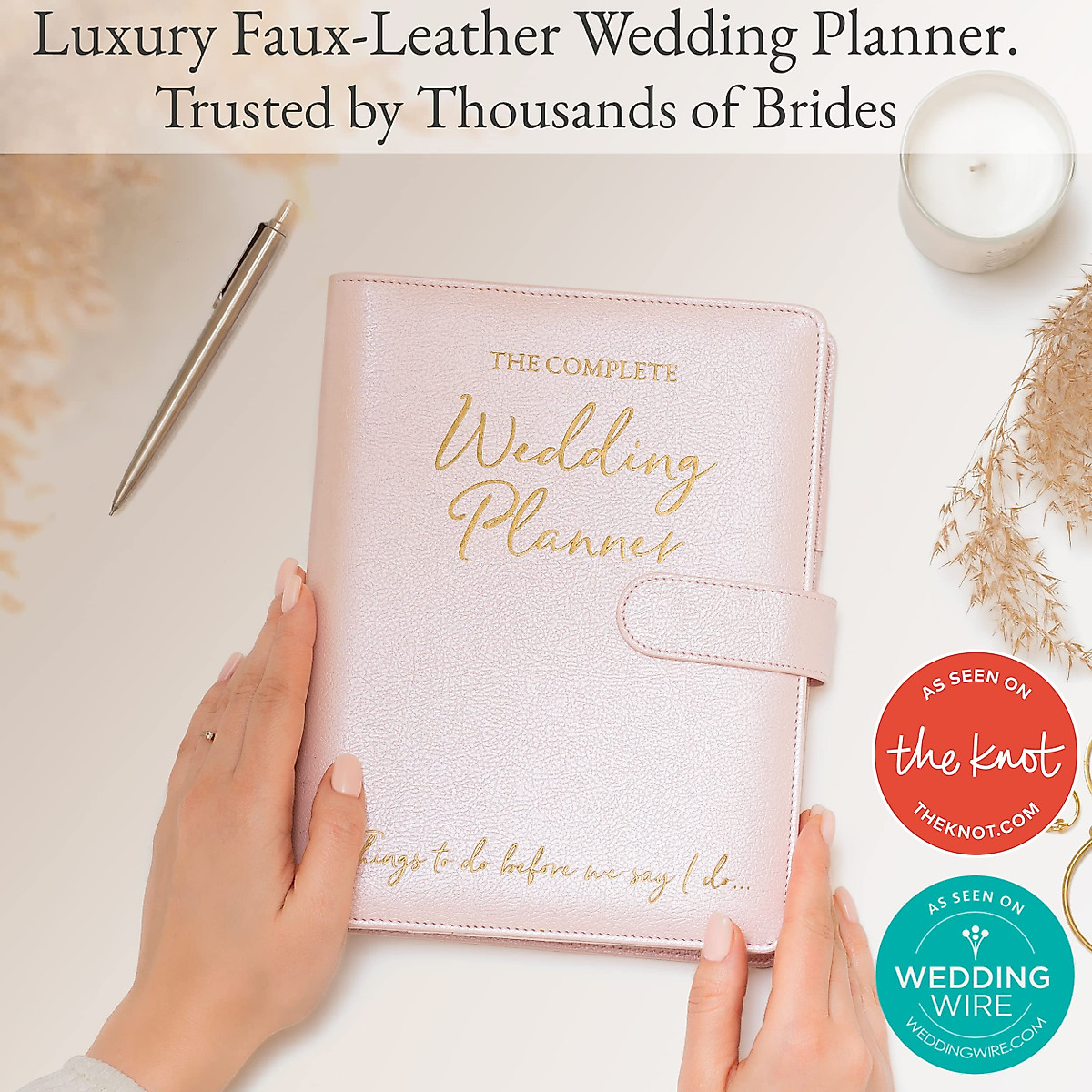 Wedding Planner Book and Organizer for The Bride 2021 -Pink Faux Leather, Gold foil Stamped 'Busy Planning Our Wedding Day' Wedding Binder Engagement Gifts for Women