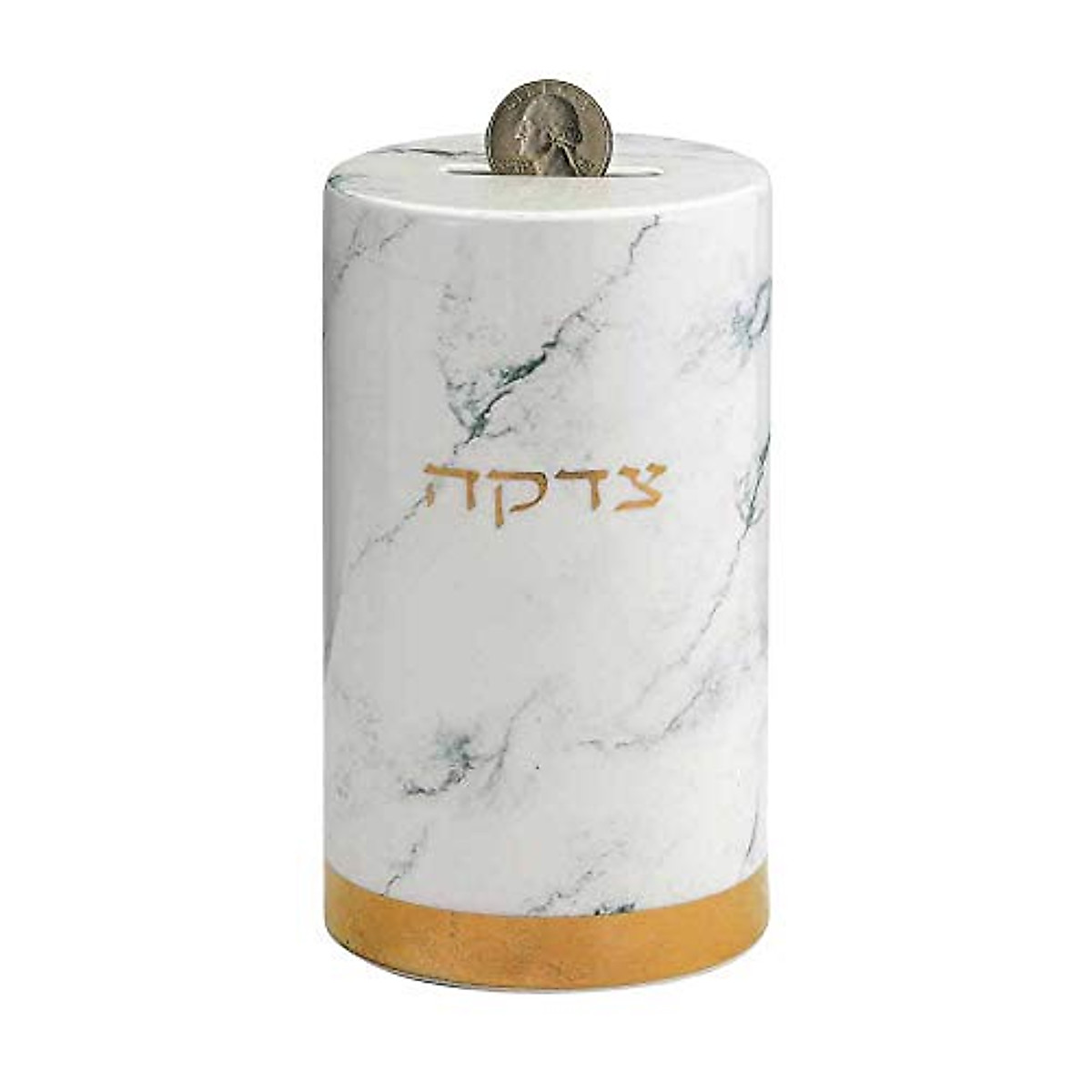 Rite Lite Tzedakah Box with Ceramic Marble Design and Gold Accents, Ceremonial Tzedakah Box 5.50"