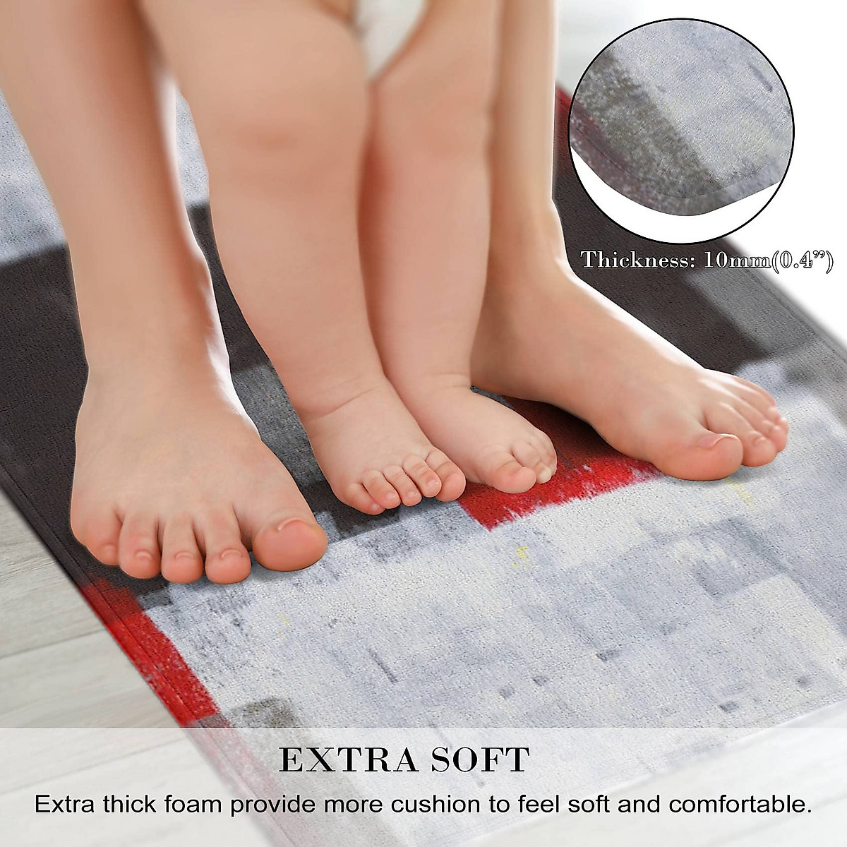 RYANZA 2 Pieces Kitchen Rugs, Abstract Anti Fatigue Non Slip Foam Cushioned Red and Grey Art Painting Comfort Indoor Floor Mat Runner Rug Set for Laundry Office Sink Bathroom (17"x48"+17"x24")