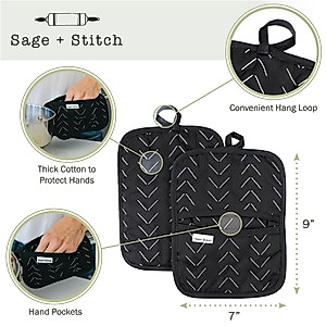 Sage+Stitch Oven Mitts and Pot Holders 4 Piece Set | Heat Resistant Gloves | Accessories for Kitchen and Baking | Black Mudcloth Design