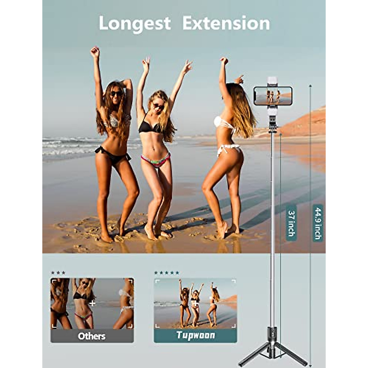 44.9 Inch Selfie Stick with Reinforced Tripod - 2 Fill Lights, Tupwoon Extendable & Portable Phone Tripod with Remote, Compatible with iPhone 14 Pro Max/13/12/11 Samsung Android