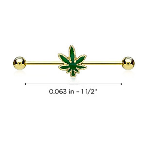 Pierce2GO Weed Industrial Barbell Bar Ear Piercing - 316L Surgical Grade Stainless Steel Anodized Gold Barbell Ear Piercing with Green Marijuana Leaf Pendant for Women and Men Unisex (Gold & Green)