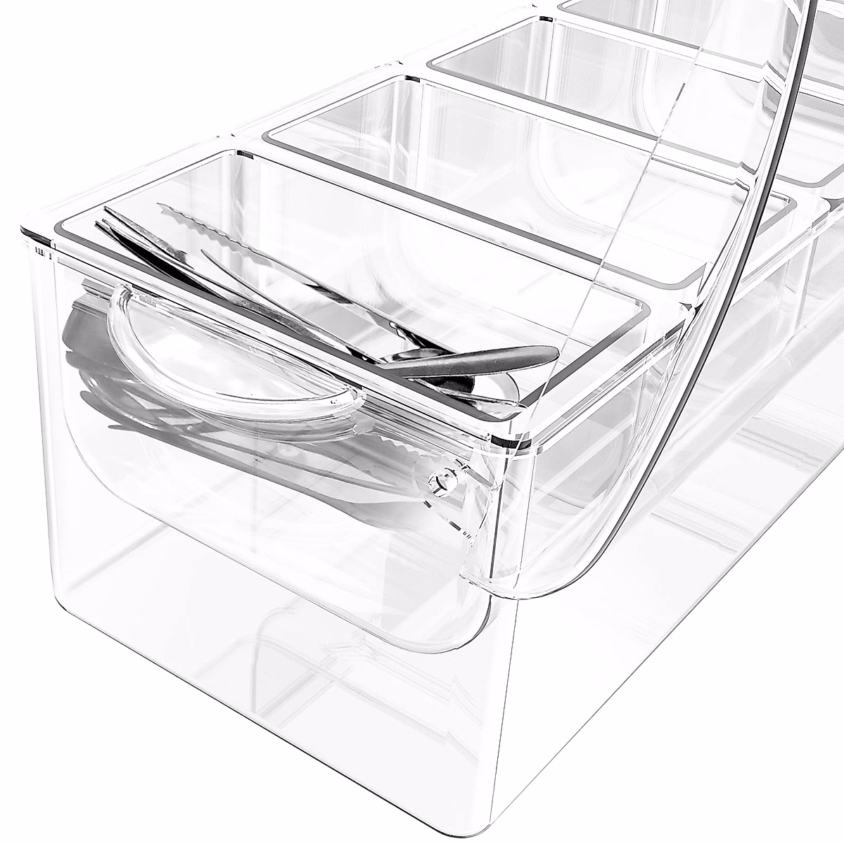 FODIENS 5 Compartment Condiment Server, Ice Chilled Condiment Containers with Lid, Clear Condiment Caddy Serving Tray on Ice with 5 Serving Spoons 5 Fruit Forks 2 Serving Tongs
