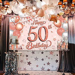 KatchOn, Xtralarge Happy 50th Birthday Banner - 72 X 44 Inch, Rose Gold Happy Birthday Banner | 50th Birthday Banner for Women | 50 Year Old Birthday | Pink 50th Happy Birthday Decorations for Women