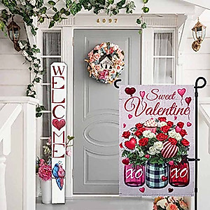 Sweet Valentines Day Garden Flag, hogardeck 12.5x18 Inch Vertical Double Sided XO Mason Jar Flower Yard Flag, Farmhouse Rustic Outdoor Valentines Day Decor