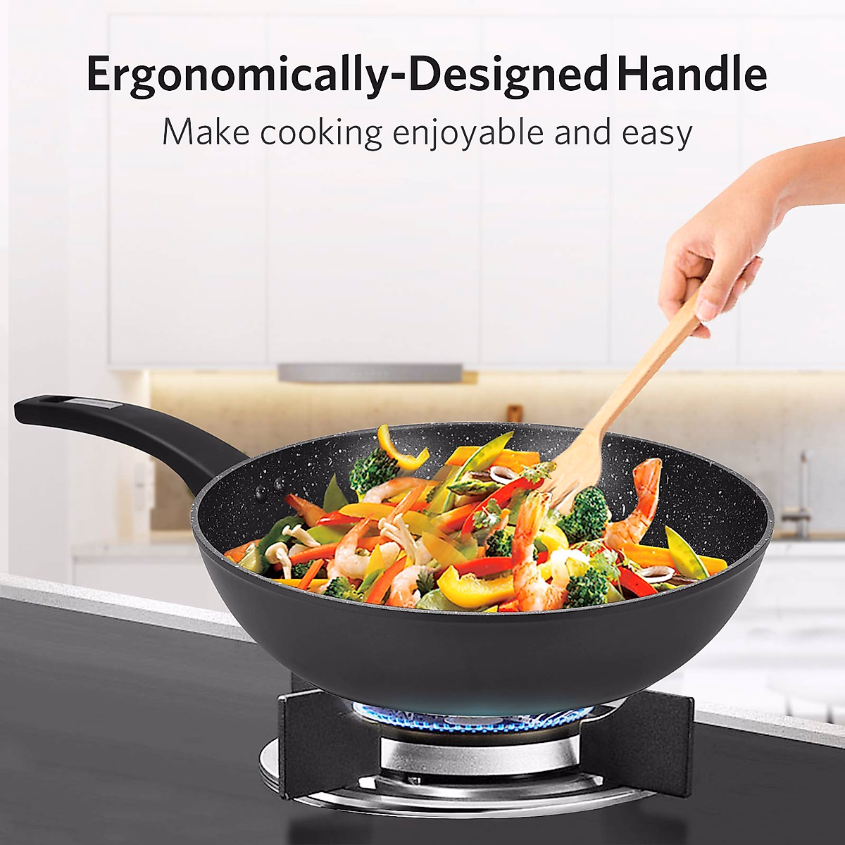 KOCH SYSTEME CS 12'' Black Wok with Lid, Ultra Non Stick Frying Pan with Glass Cover, Marble Coating Deep Frying Pan with APEO & PFOA-Free, Aluminum Stir Fry Pan, Induction Compatible