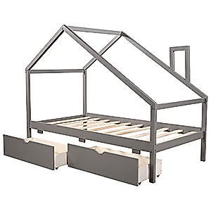 Platform Bed Daybed with Two Pull-Out Drawers and Roof, House Bed Frame for Kids, Twin Size, Gray