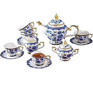 ACMLIFE Bone China Tea Set for 6, Blue and White Tea Set for Adults, Vintage Floral Tea Sets for Women Tea Party or Gift Giving