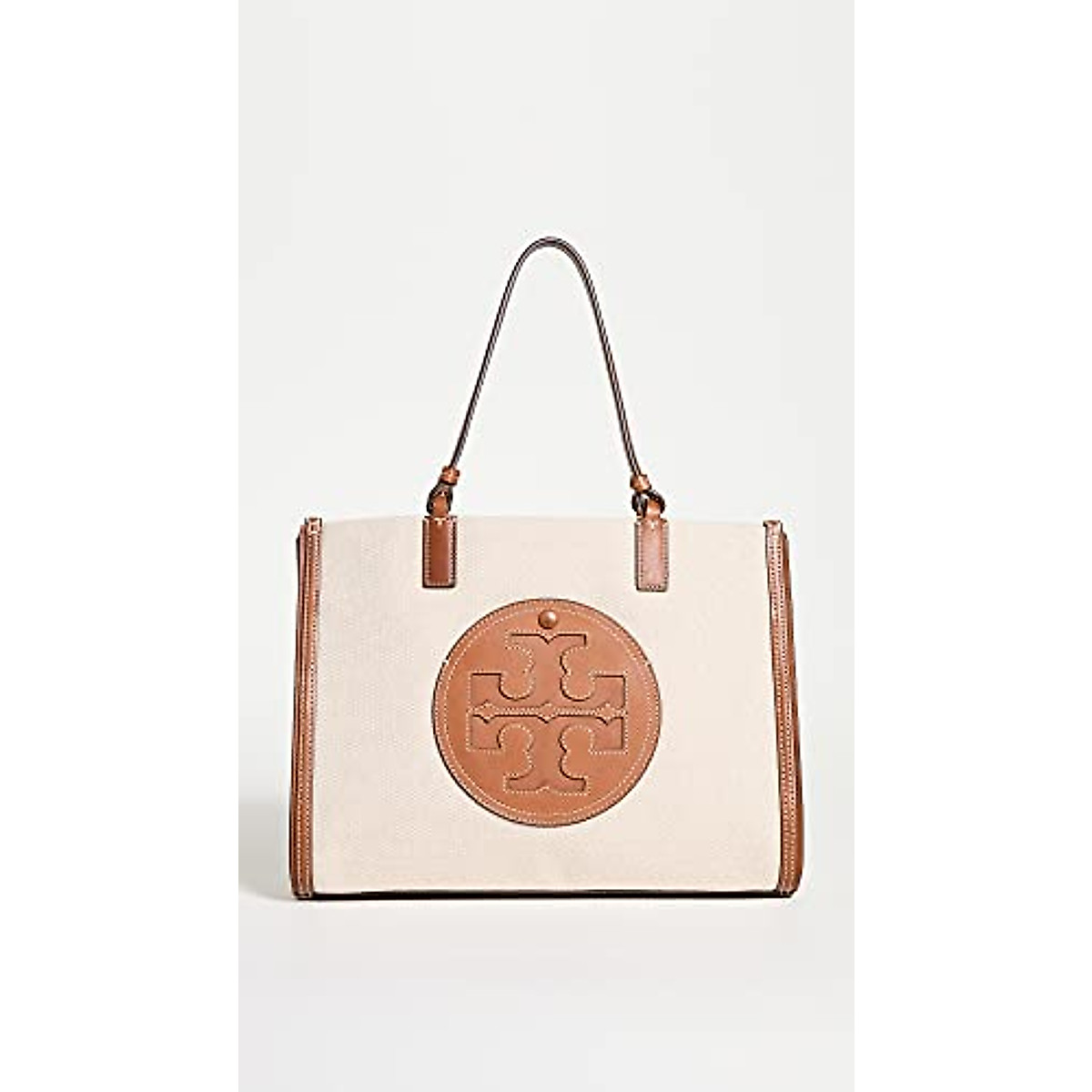 Tory Burch Women's Ella Canvas Small Tote, Natural/Classic Cuoio, Off White, One Size