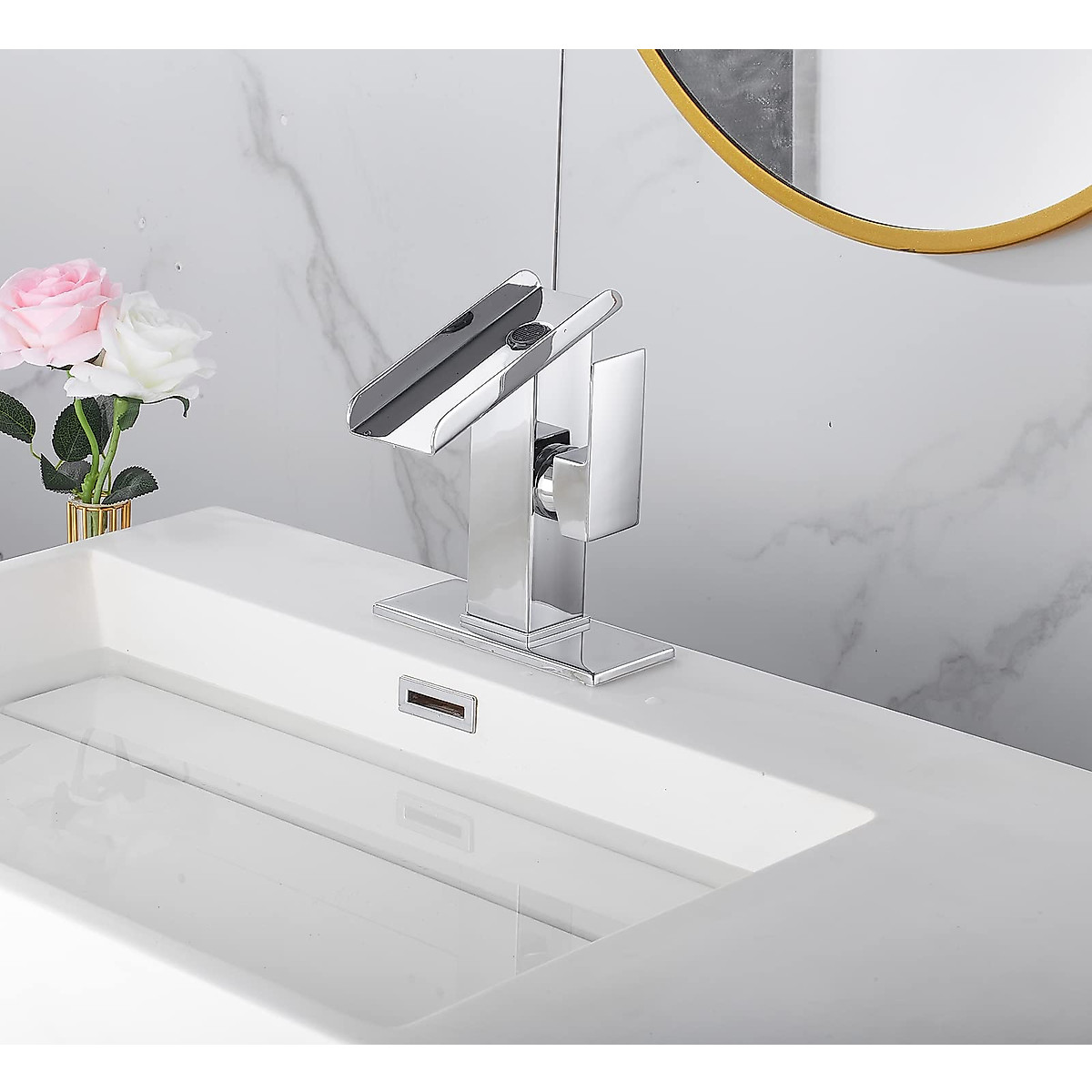 Chrome Bathroom Sink Faucet One Hole LED Waterfall Spout RGB 3 Colors Light Changing Lavatory Vanity Faucets Brass Single Handle Modern Washbasin Bath Tap Include Plates to Cover Holes Residential