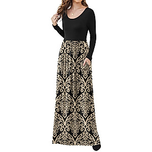 DB MOON Women Casual Long Sleeve Maxi Dresses Empire Waist Long Dress with Pockets Black and Gold M