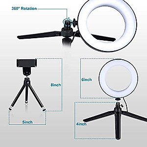 LED Ring Light 6" with Tripod Stand for YouTube Video and Makeup, Mini LED Camera Light with Cell Phone Holder Desktop LED Lamp with 3 Light Modes & 11 Brightness Level (6")