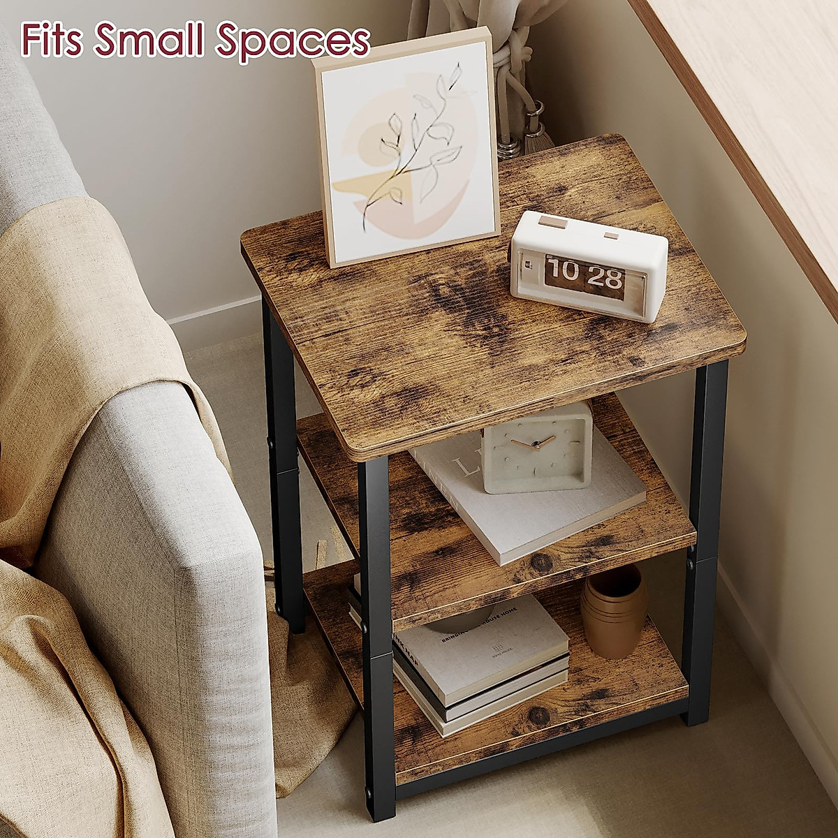 Fixwal Side Table Set of 2, 3-Tier Small End Table, Sofa Table Nightstand for Living Room, Bedroom, Office, Rustic Brown and Black
