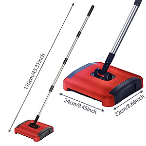 Carpet Sweeper Manual 3 Rolling Brushes Floor Sweeper Carpet Brush with Wheels and Large Waste Bin 43inch Detachable Carpet Cleaner