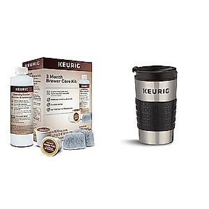 Keurig 3-Month Brewer Maintenance Kit, 7 Count & Travel Mug Fits K-Cup Pod Coffee Maker, 1 Count (Pack of 1), Stainless Steel