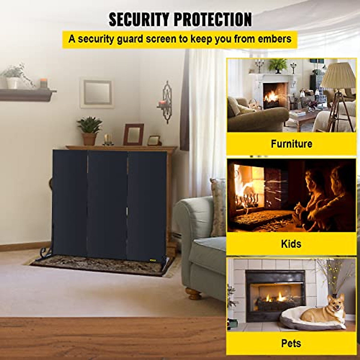VEVOR Fireplace Screen, 47 x 34.3 Inch, 3-Panel Iron Freestanding Spark Guard with Support, Metal Craft, Broom Tong Shovel Poker Included, for Fireplace Decoration & Protection, Black